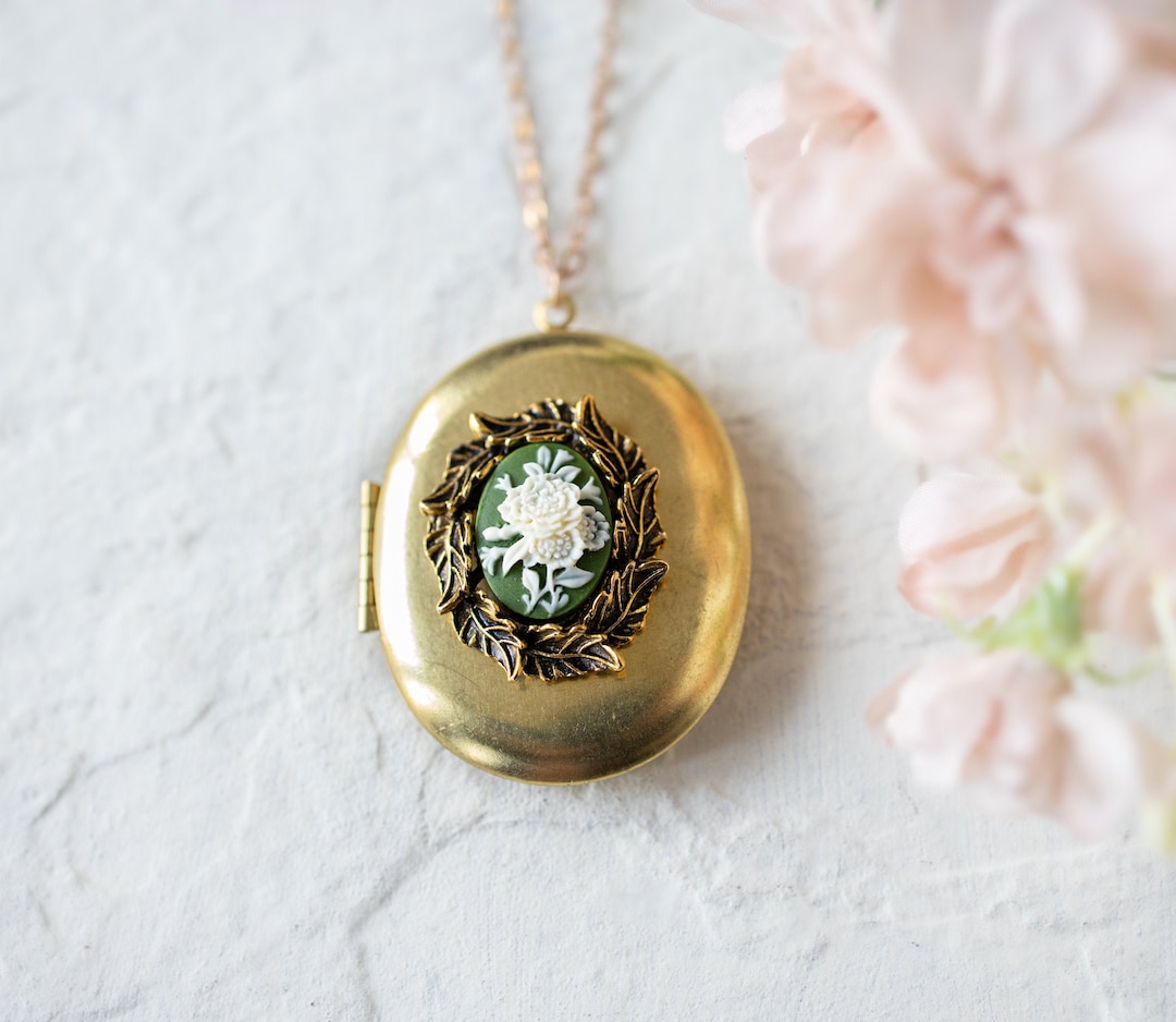 Large Gold Vintage Brass Oval Locket Necklace With Green Ivory Floral ...