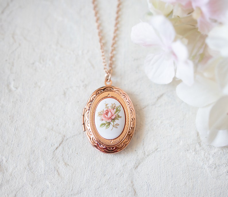 Rose Gold Locket Necklace Vintage Pink Rose Cameo Locket | Etsy