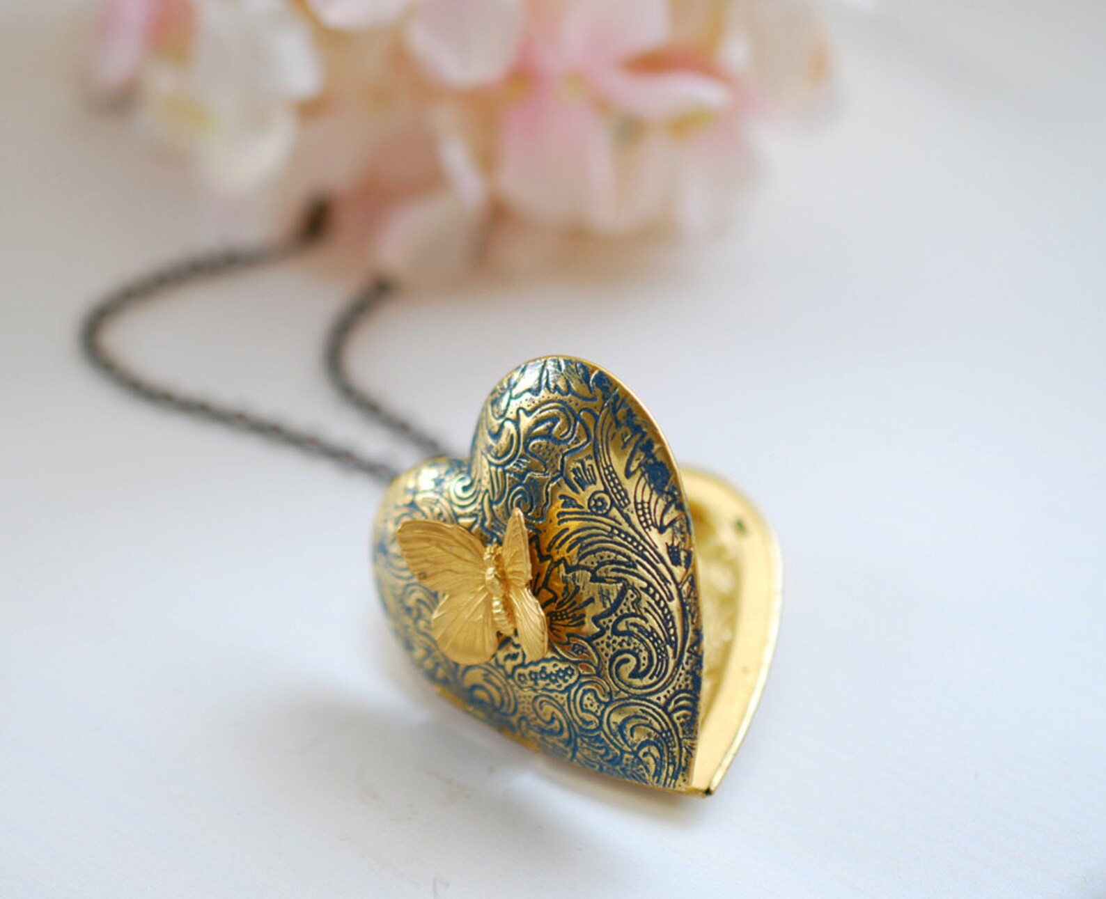 Heart Locket Necklace Butterfly Locket Verdigris Blue Gold - Etsy