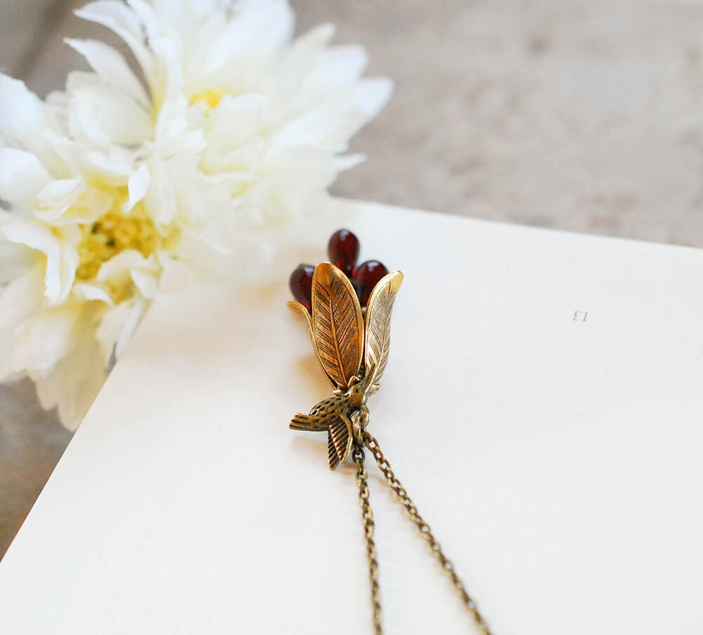 Hummingbird Necklace, Brass Tulip, Garnet Ruby Red, Humming Bird ...