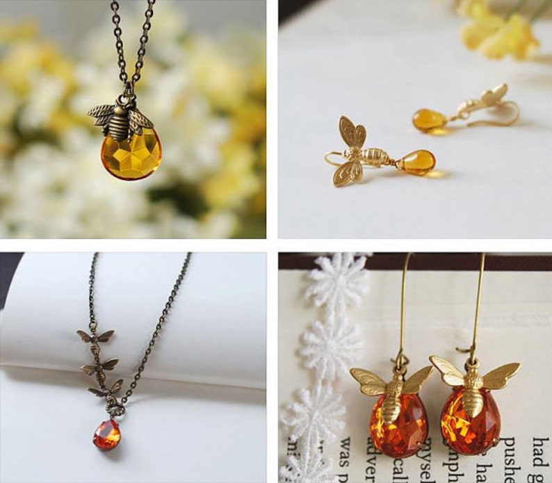 Bee Necklace Brass Honey Bees Topaz Glass Jewel Honey Drop - Etsy