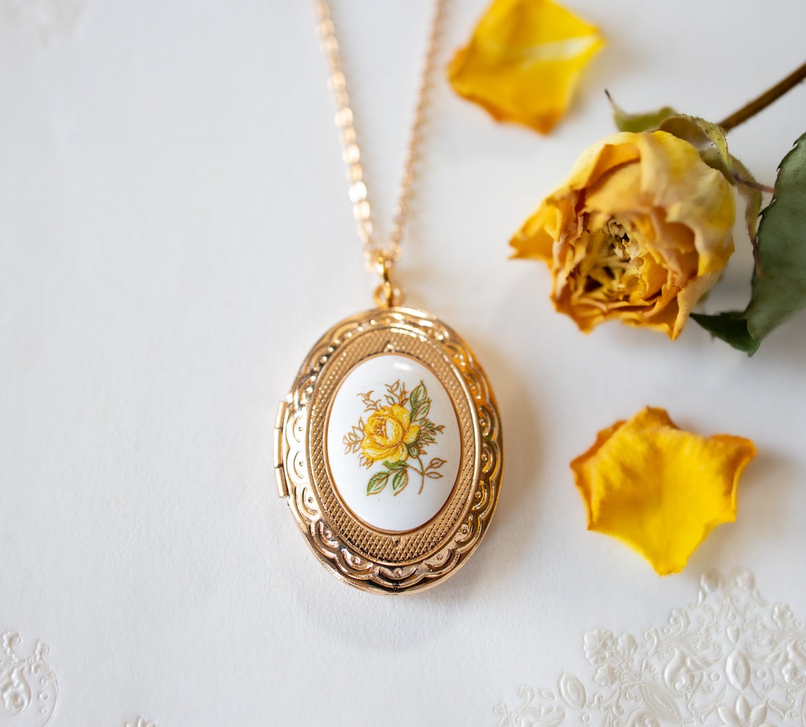 Yellow Rose Locket Necklace Gold Oval Locket with | Etsy