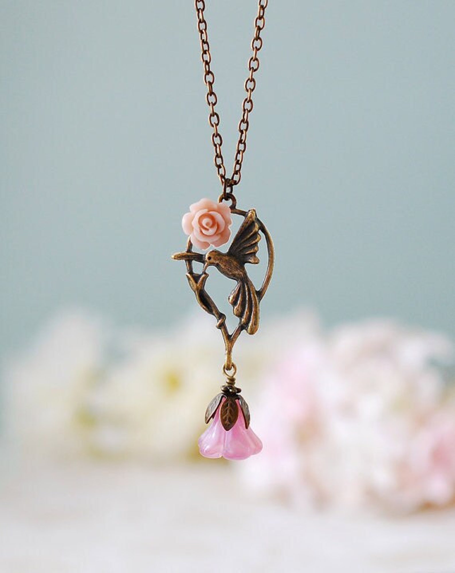 Hummingbird Necklace. Vintage Pink Rose Quartz Glass Bell - Etsy