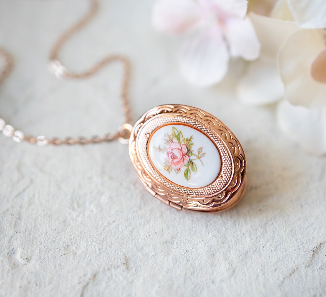 Rose Gold Locket Necklace, Vintage Pink Rose Cameo Locket, Rose Gold ...