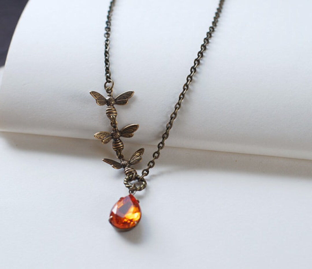 Bee Necklace Brass Honey Bees Topaz Glass Jewel Honey Drop Necklace Bee ...