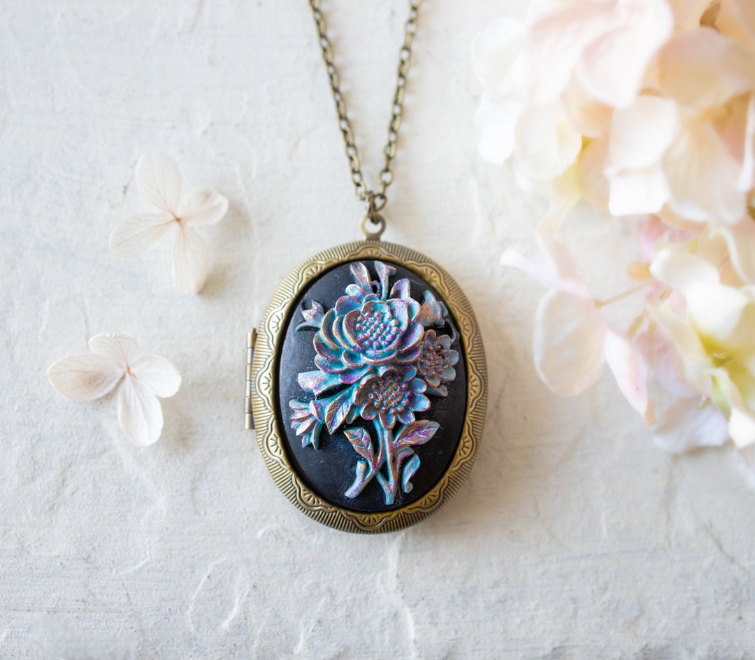Purple Blue Flower Cameo Locket Necklace, Personalized Photo Locket ...