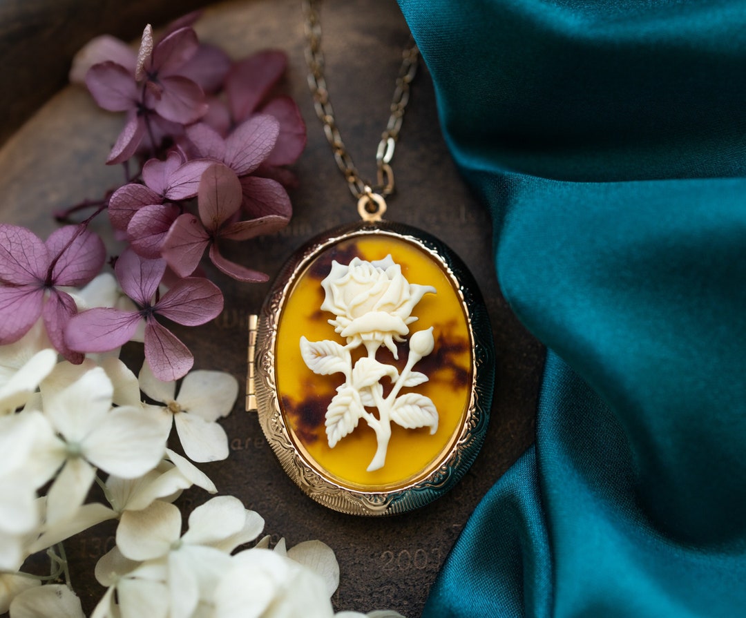 Vintage Rose Locket Necklace, White Rose Brown Tortoise Shell Cameo ...