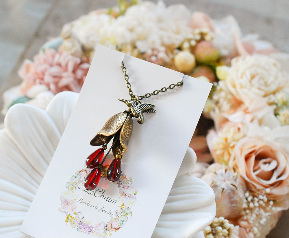 Hummingbird Necklace, Brass Tulip, Garnet Ruby Red, Humming Bird ...