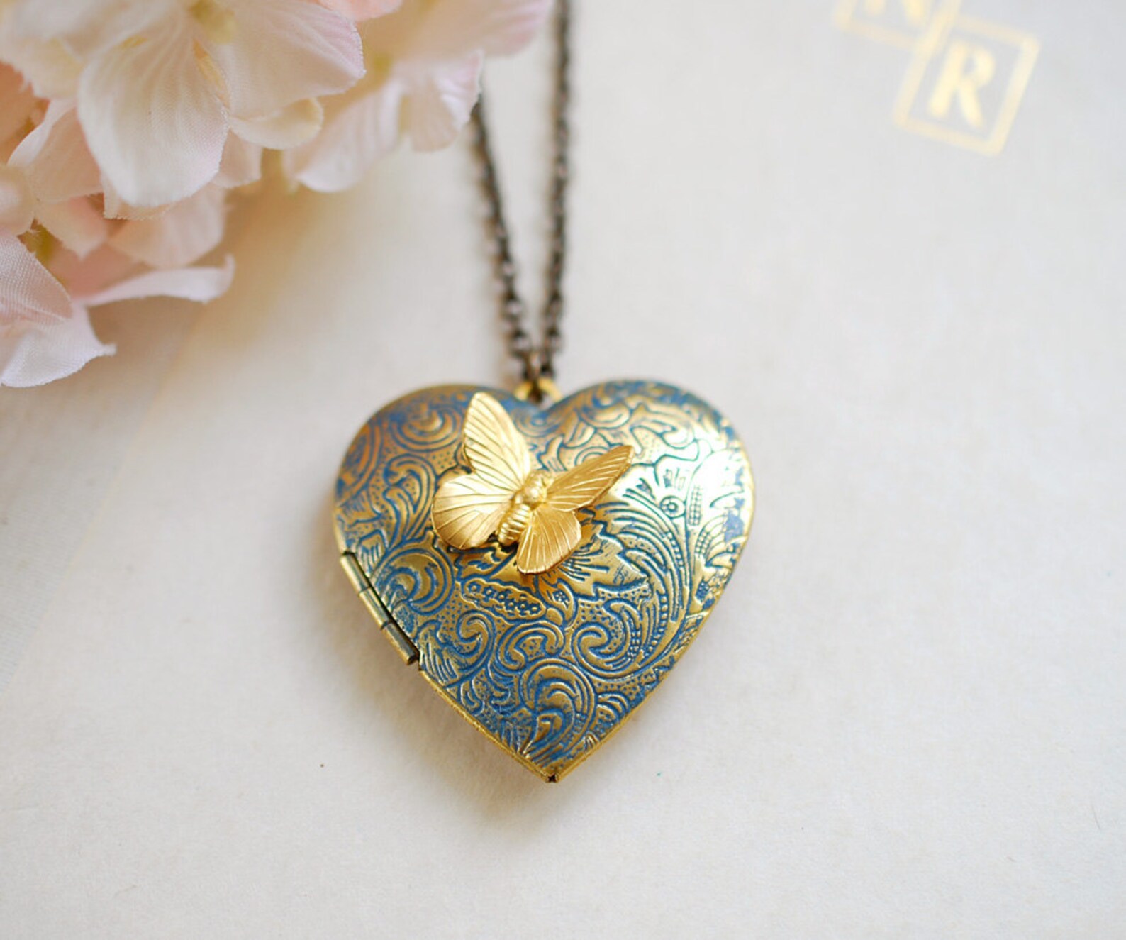 Heart Locket Necklace Butterfly Locket Verdigris Blue Gold - Etsy