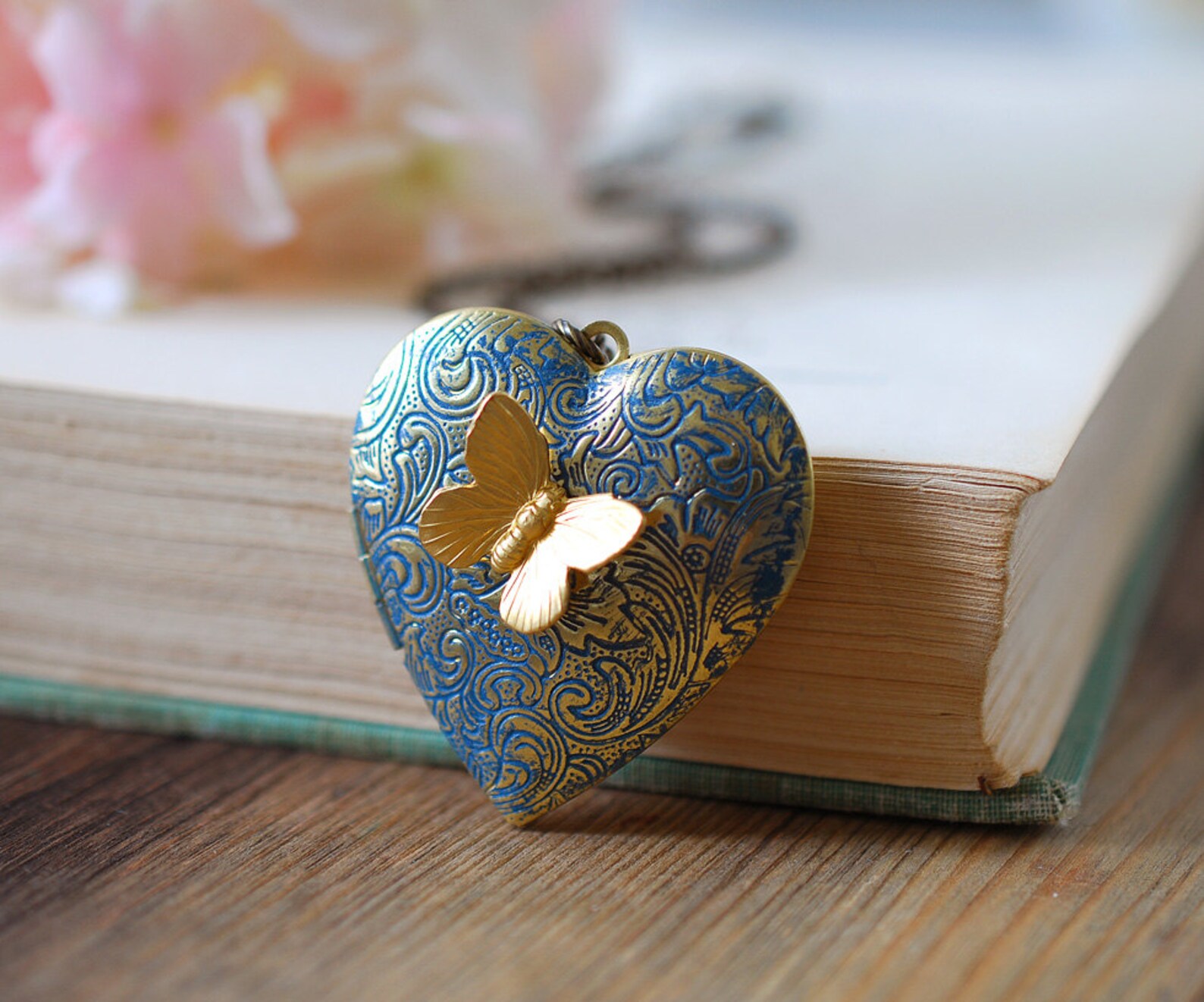 Heart Locket Necklace Butterfly Locket Verdigris Blue Gold - Etsy