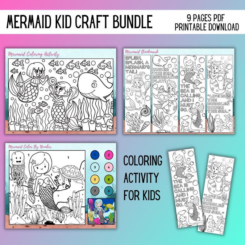 Mermaid Kids Craft Printable 9 Page Activity Bundle Coloring, I Spy ...