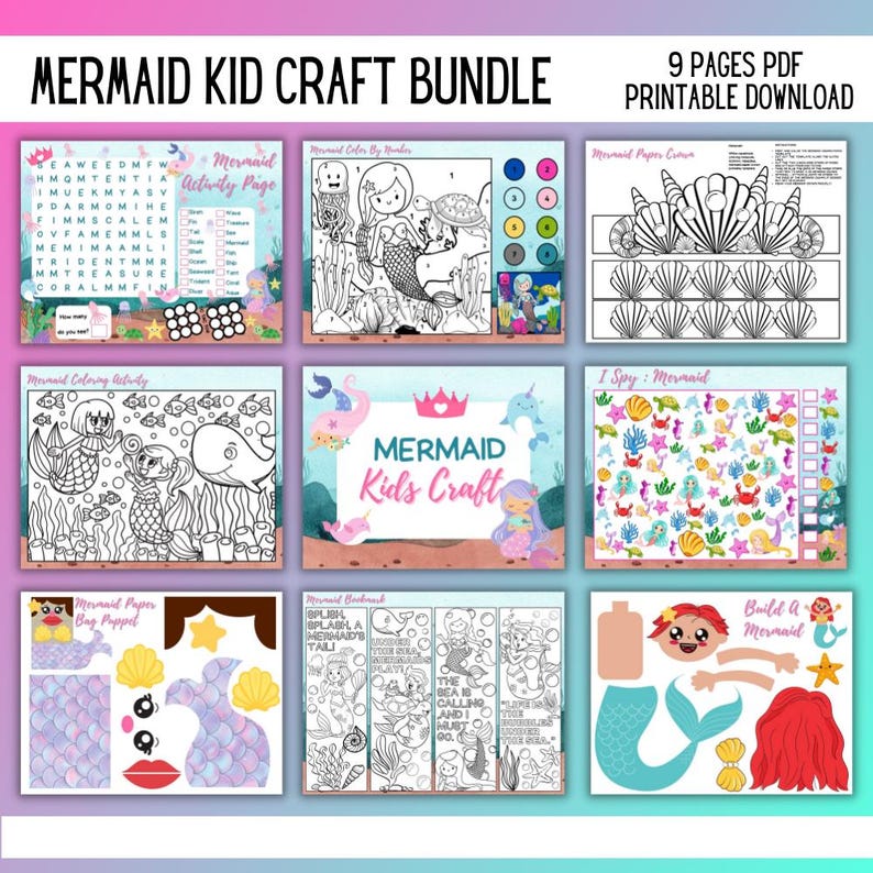 Mermaid Kids Craft Printable 9 Page Activity Bundle Coloring, I Spy ...