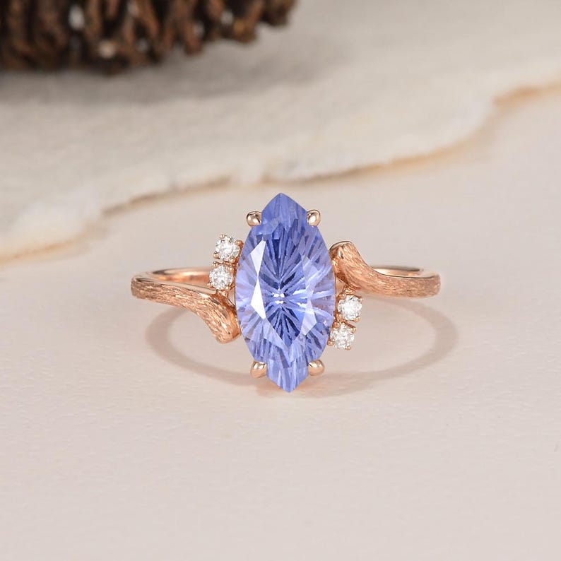 Marquise Firework Cut Cornflower Sapphire Brushed Branch Engagement ...