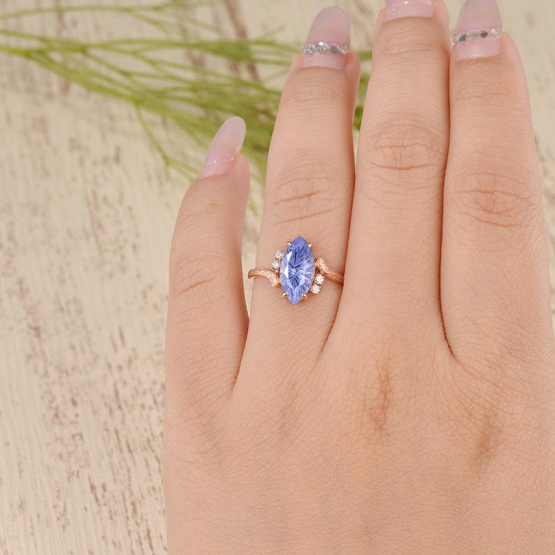 Marquise Firework Cut Cornflower Sapphire Brushed Branch Engagement ...