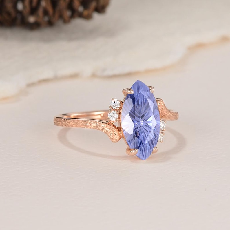 Marquise Firework Cut Cornflower Sapphire Brushed Branch Engagement ...