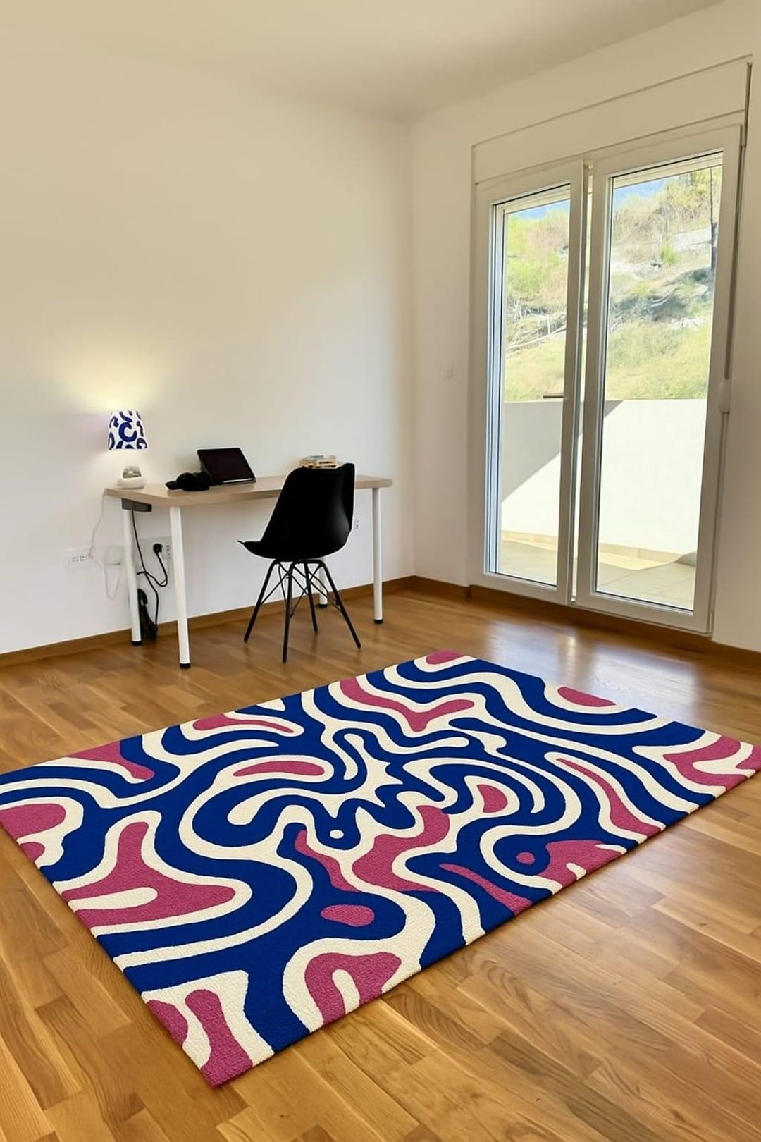 Hand Tufted Blue Pink Abstract Rug, Modern Artistic Carpet, Unique Wavy ...