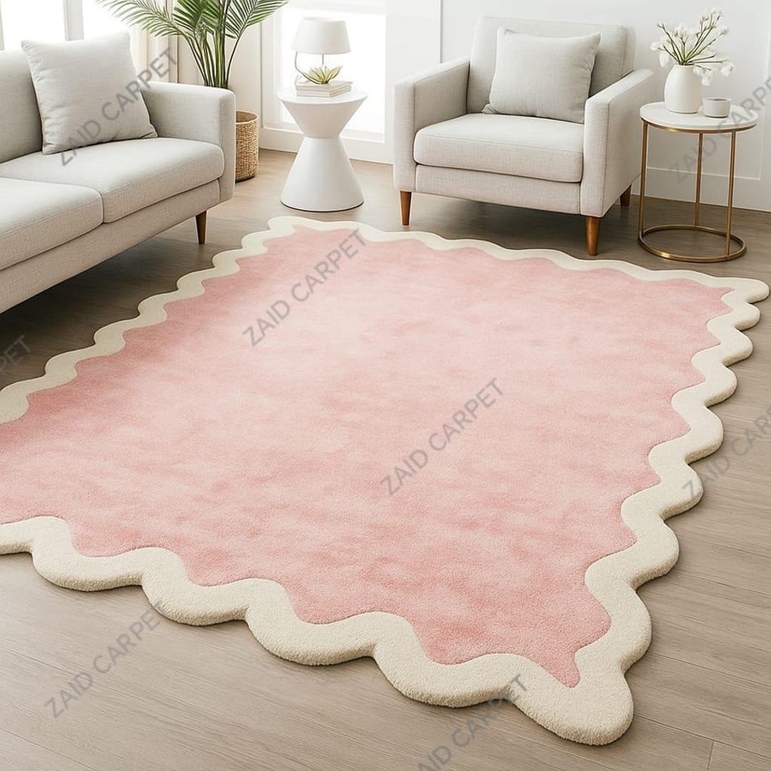 Hand Tufted Pink Scalloped Area Rug, Modern Minimal Wavy Edge Rug, Soft ...
