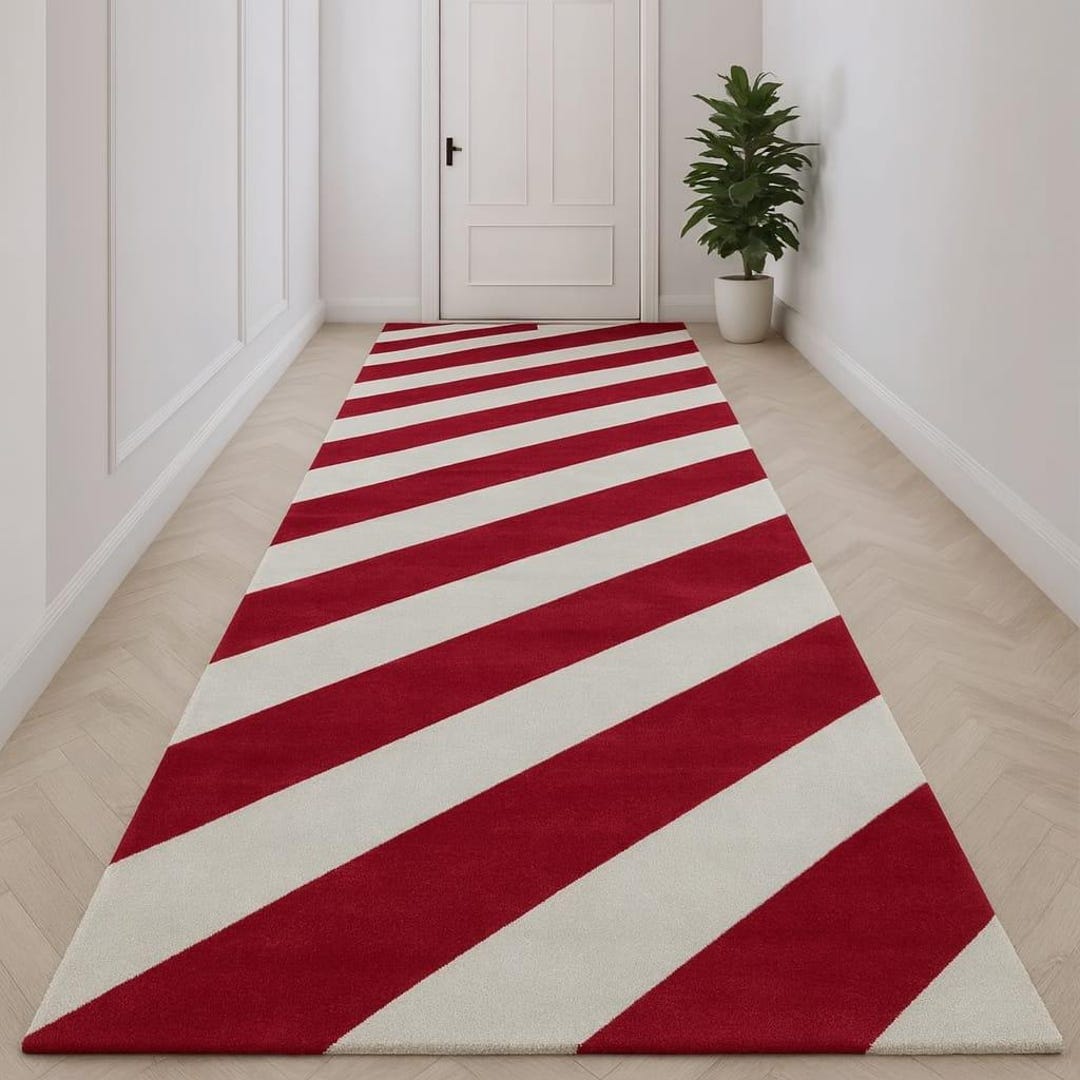 Bold Diagonal Stripe Hallway Runner Rug | Modern Red & Cream Geometric ...
