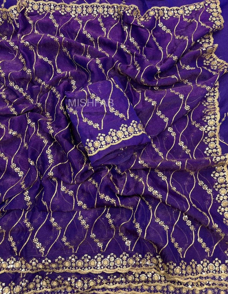 Designer Chiffon Saree,golden Zari & 3mm Sequin Work,embroidered ...