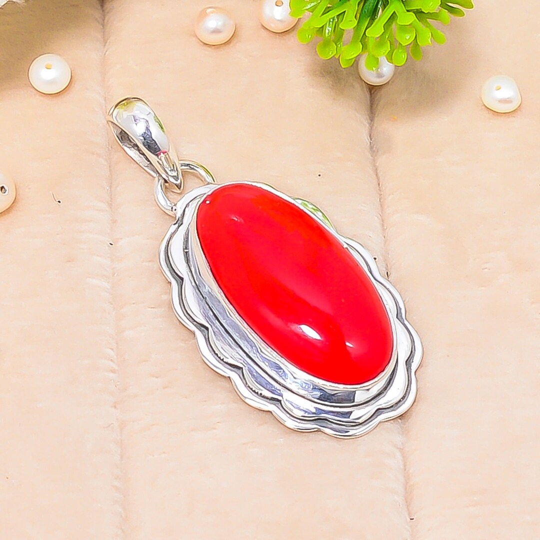 Red Coral Pendant in 925 Sterling Silver, Handmade Bezel Jewelry ...