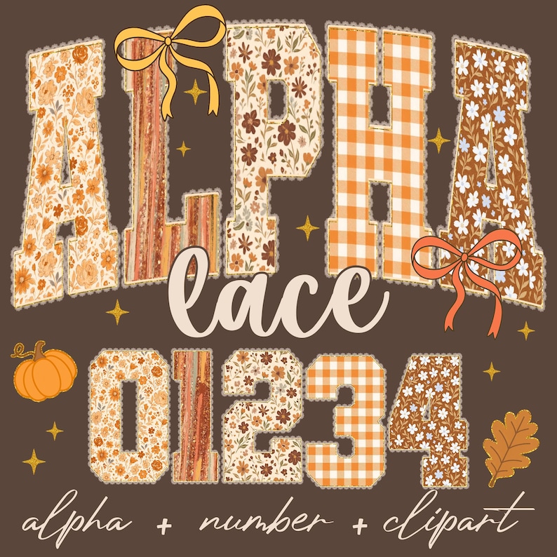 Autumn Gingham Floral Alphabet PNG Bundle Fall Aesthetic Rustic Letters ...