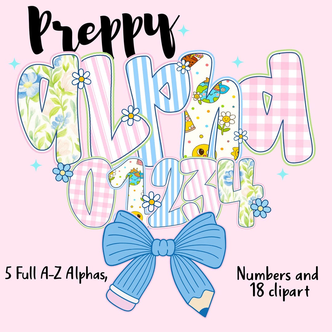 Preppy Alphabet PNG Font Bundle Gingham Aesthetic Letter Clipart Set ...