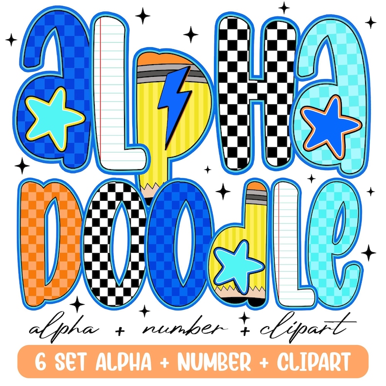 Doodle School Font PNG Bundle Checkered Alphabet Clipart for Back to ...