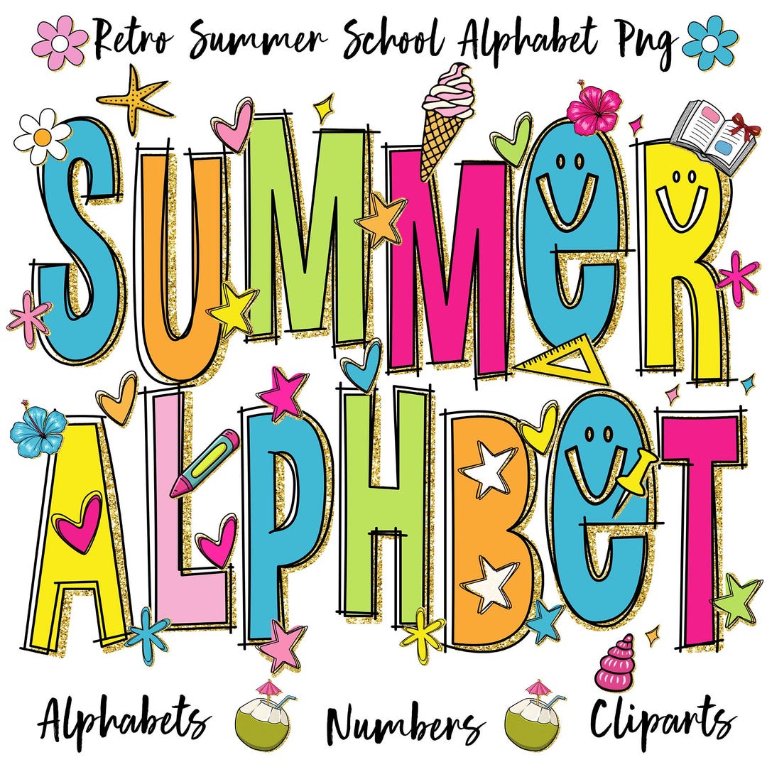 Retro Summer School Alphabet PNG Bundle Colorful Letters Numbers ...