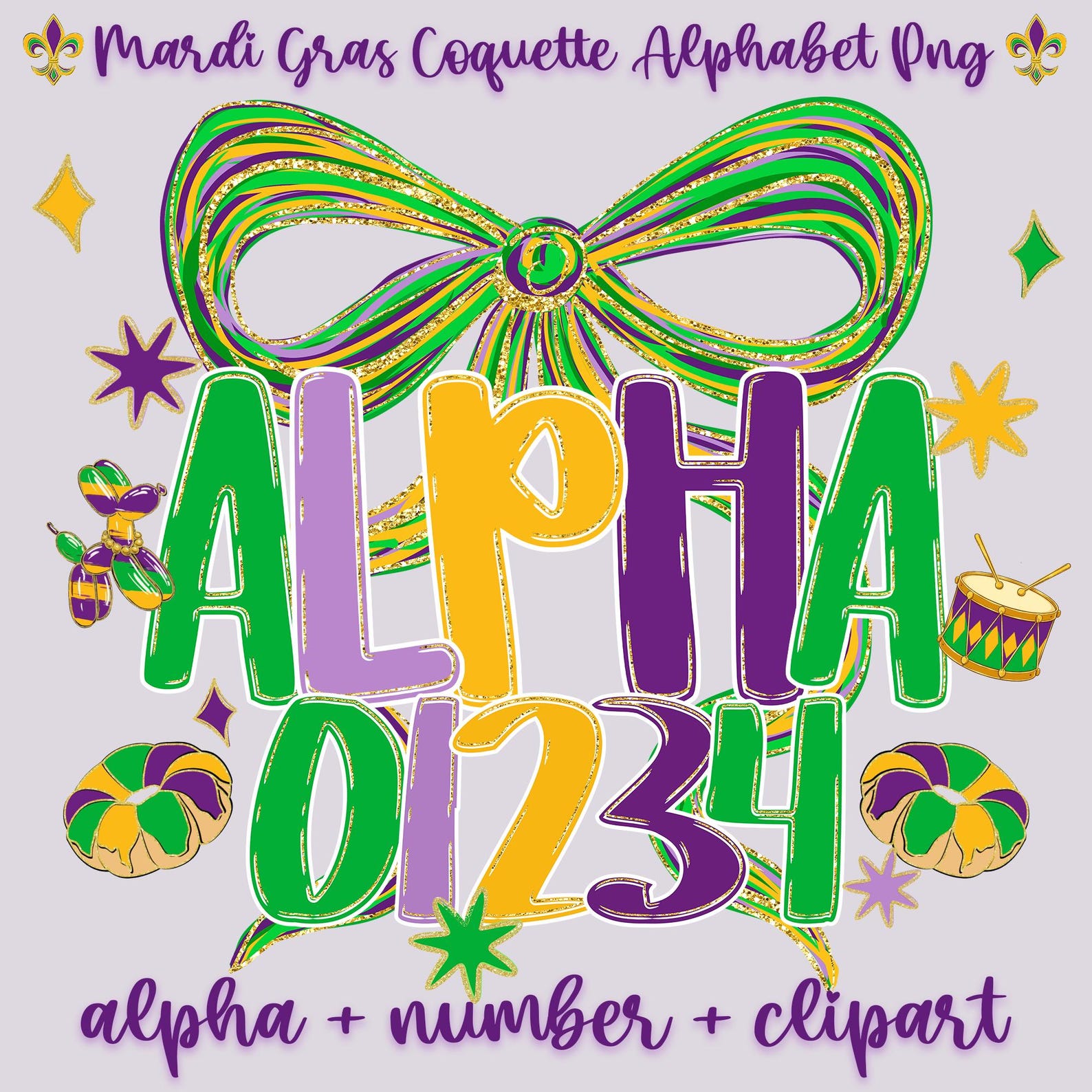 Mardi Gras Coquette Alphabet PNG With Numbers and Clipart Letters in ...
