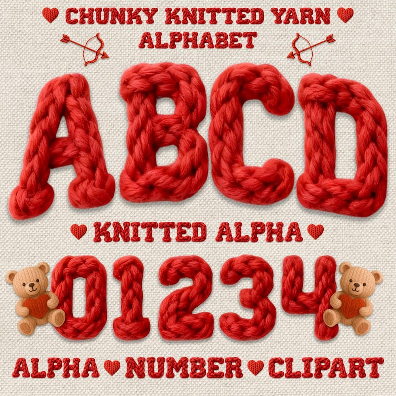 Chunky Knitted Yarn Font PNG Red Alphabet Numbers Clipart Bundle for ...