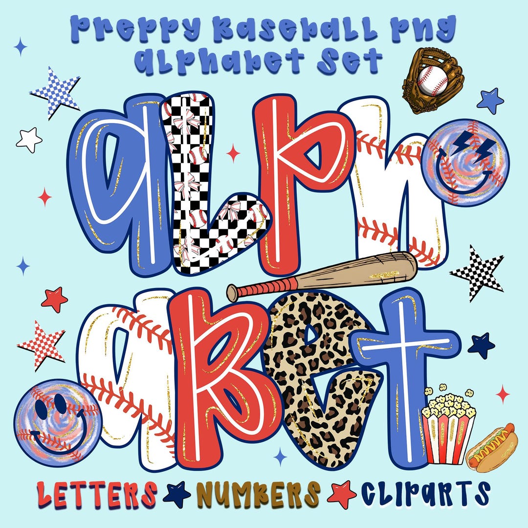 Preppy Baseball PNG Alphabet Bundle Sport Letters Numbers Clipart Set ...