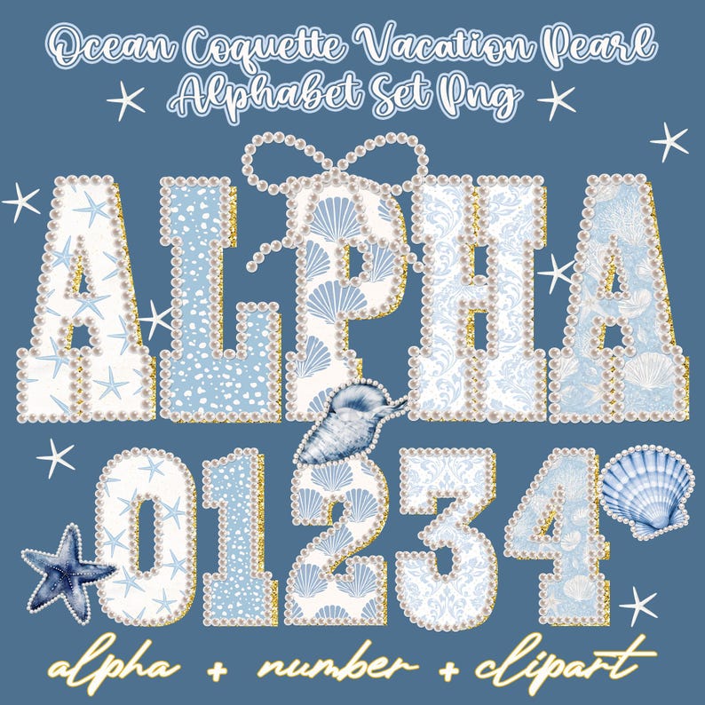 Ocean Coquette Alphabet PNG Bundle Beach Pearl Letters Numbers Seashell ...
