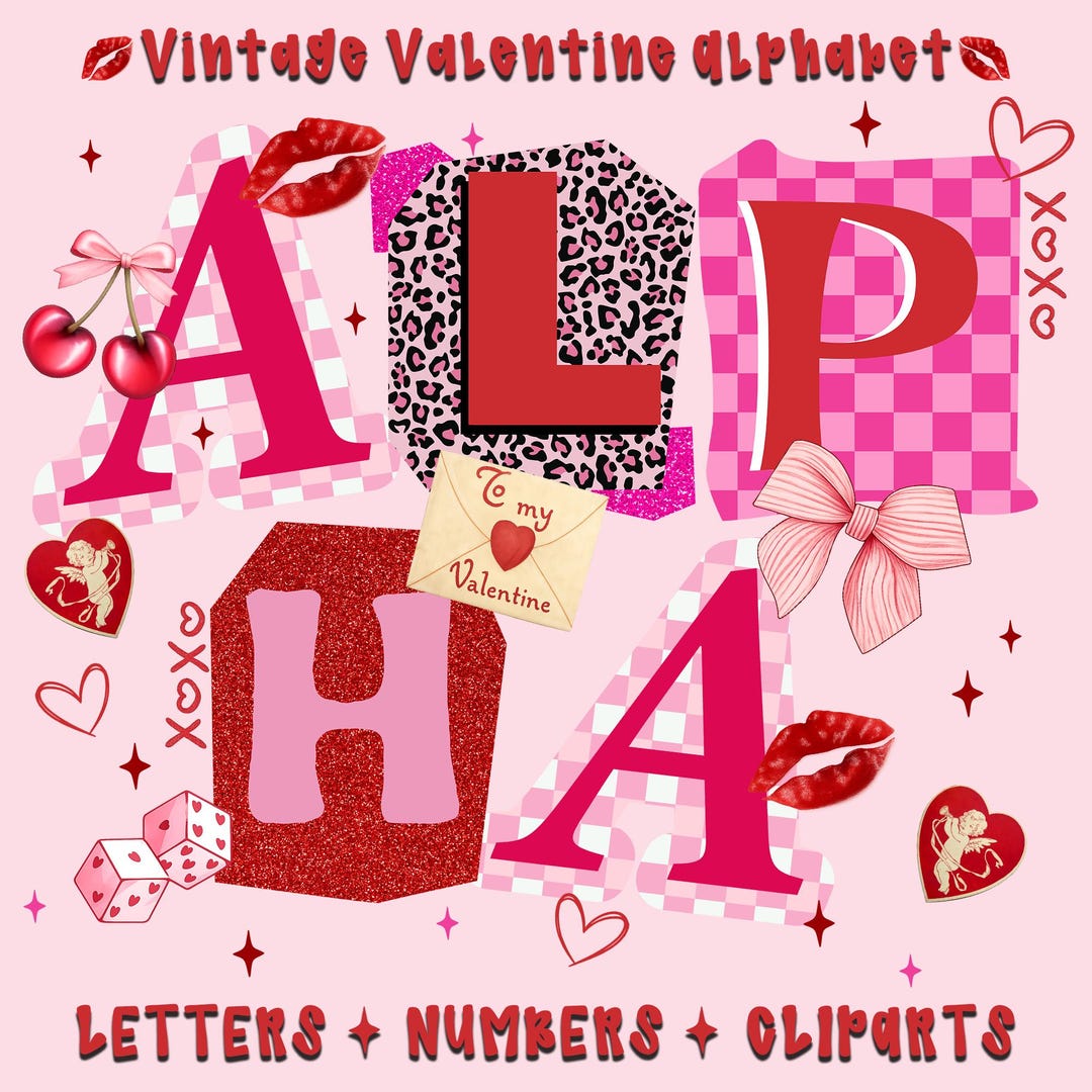 Vintage Valentine Alphabet PNG Bundle With Letters Numbers and Romantic ...