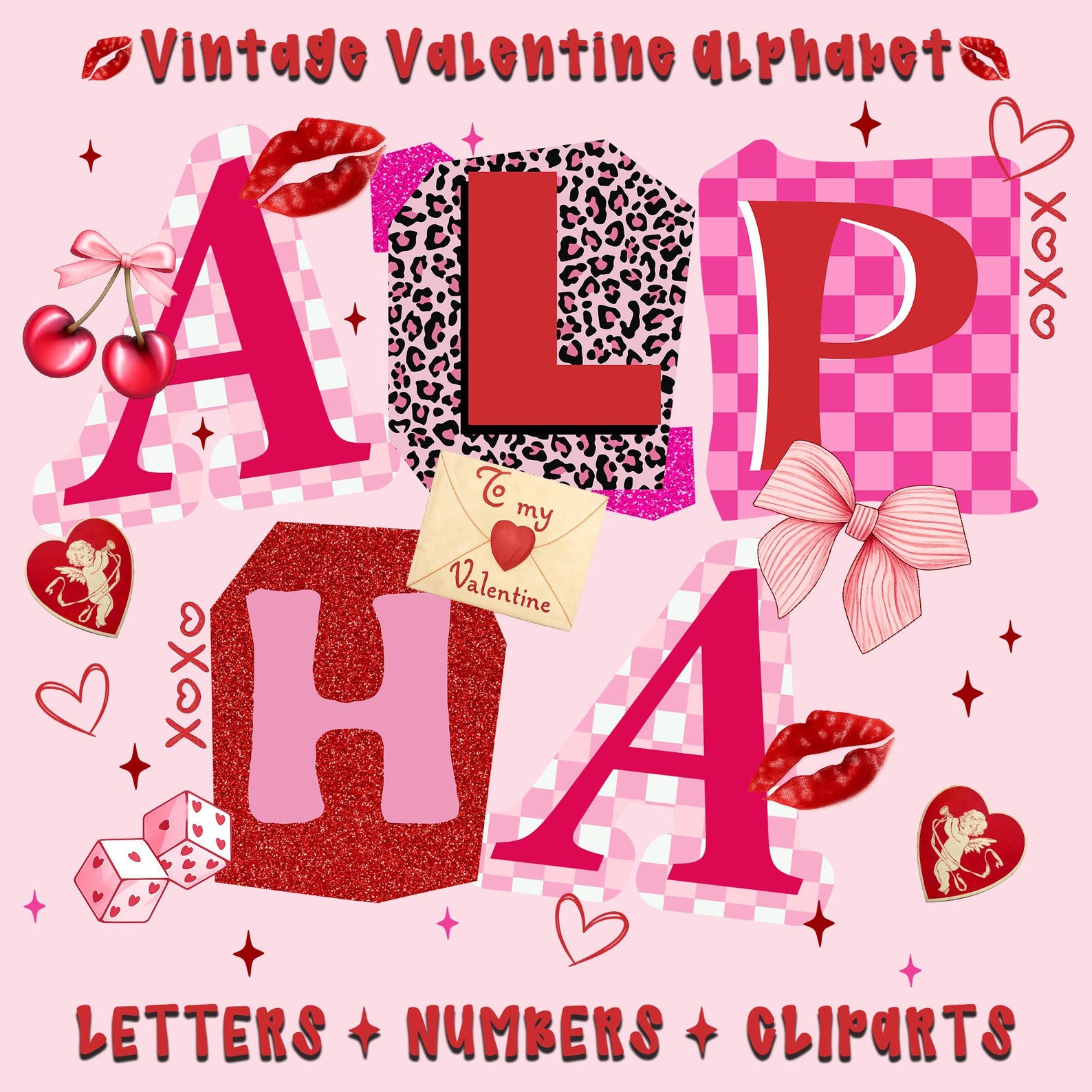 Vintage Valentine Alphabet PNG Bundle With Letters Numbers and Romantic ...