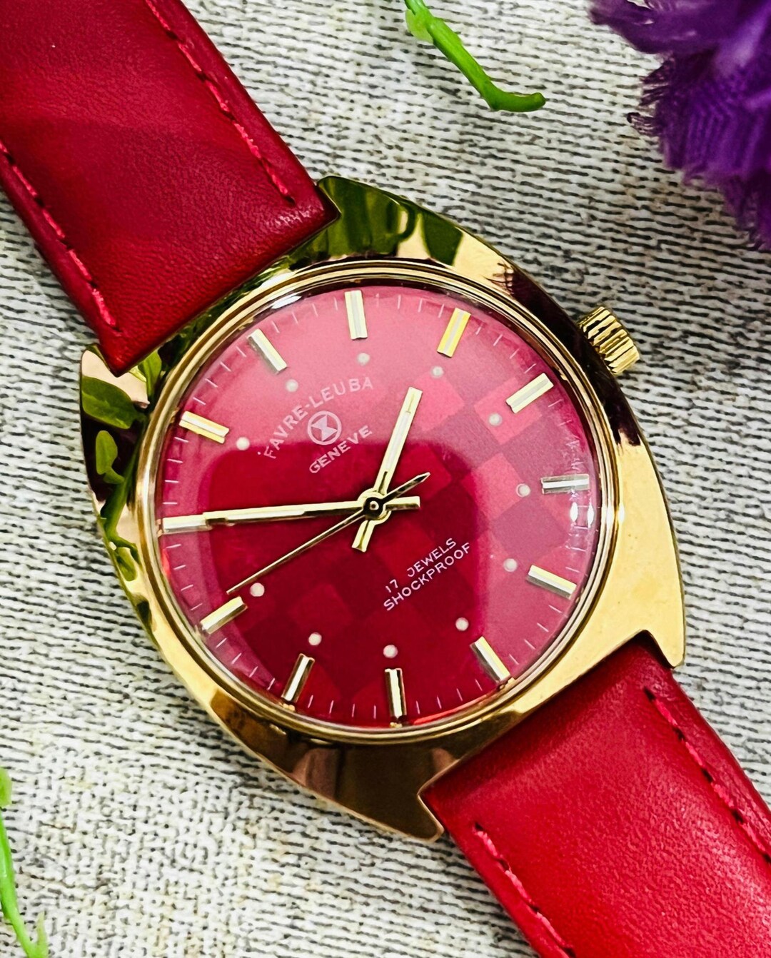 Vintage Favre Leuba Swiss Watch | Red Checker Dial, Manual Wind - Etsy
