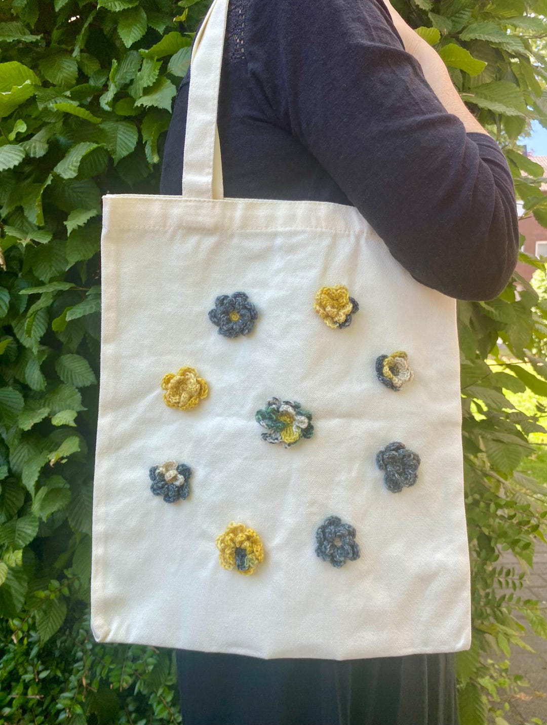 Handmade Tote Bag Matching Pouch – Crochet Flower Design – Yellow ...
