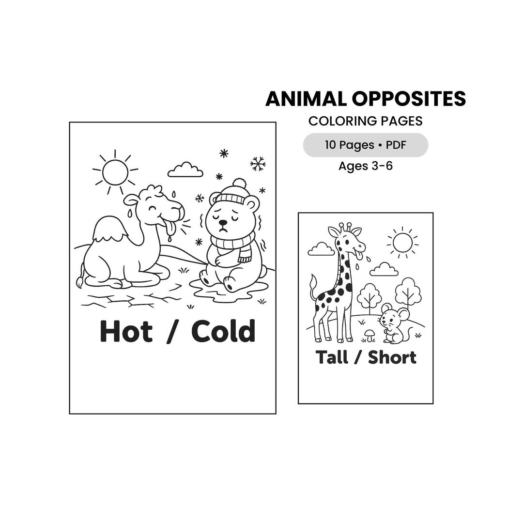 Animal Opposites Coloring Pages for Kids Printable PDF Learning ...