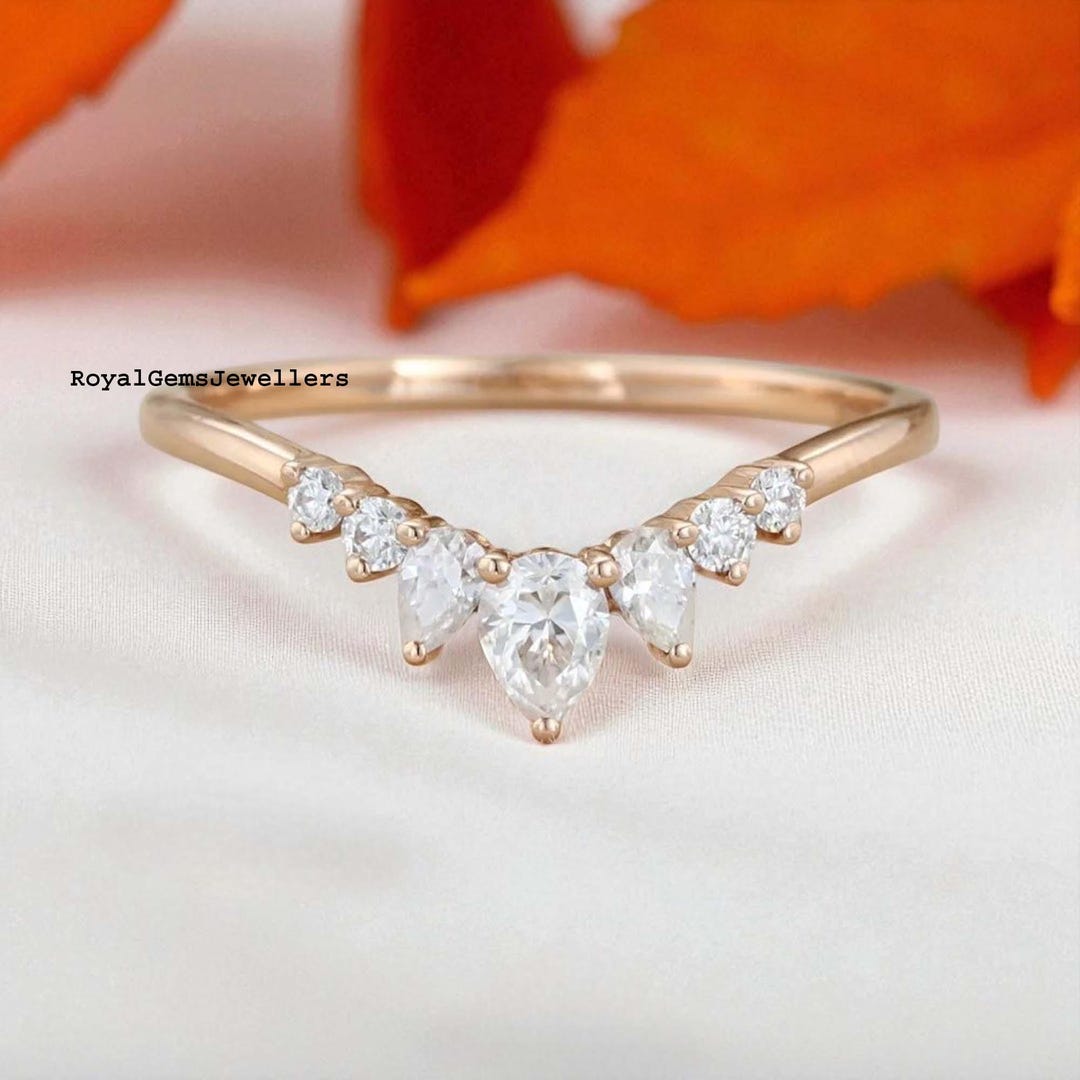 Curved Contour Half Eternity Art Deco Wedding Band, 14k Rose Gold Round ...
