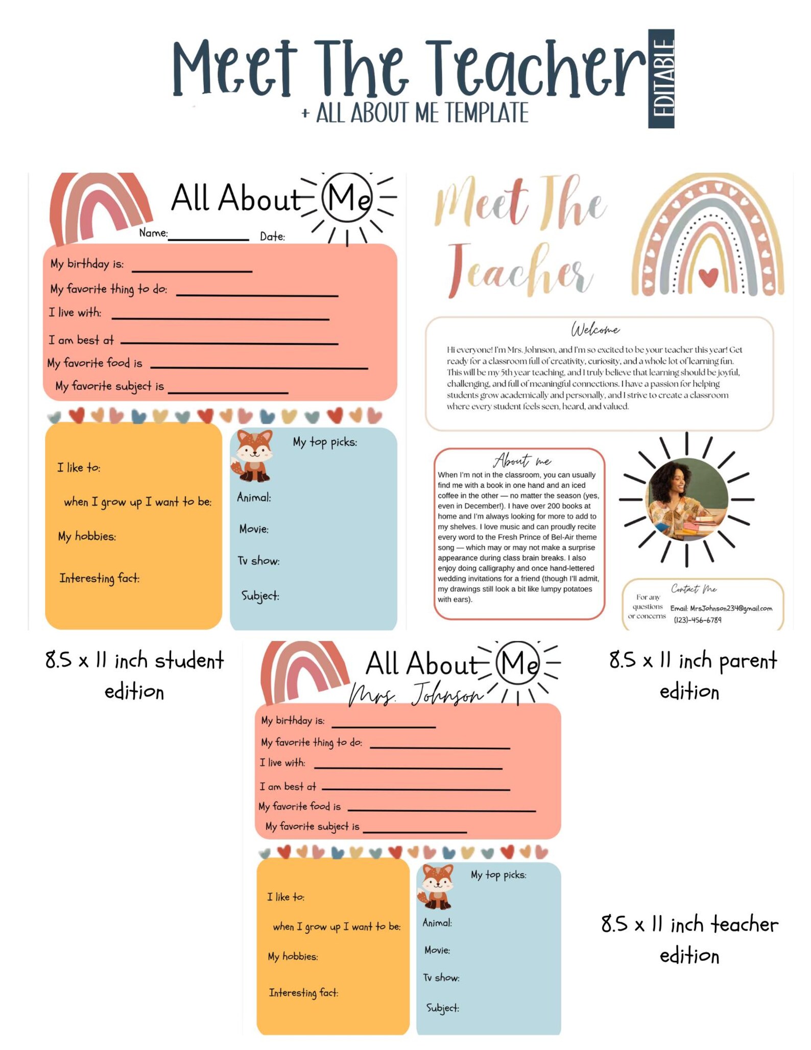 Teacher All About Me Editable Template, Printable Meet the Teacher ...