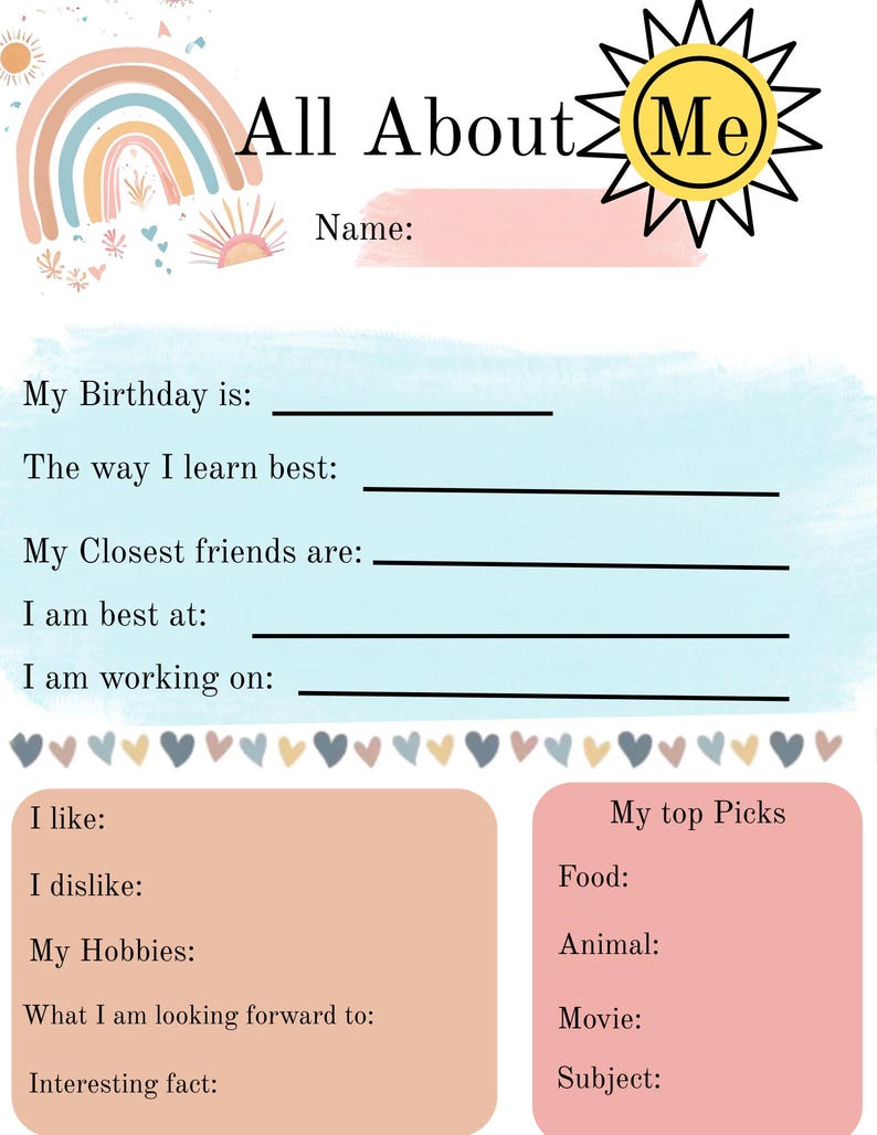 Boho Rainbow All About Me Student Worksheet (digital Download) - Etsy