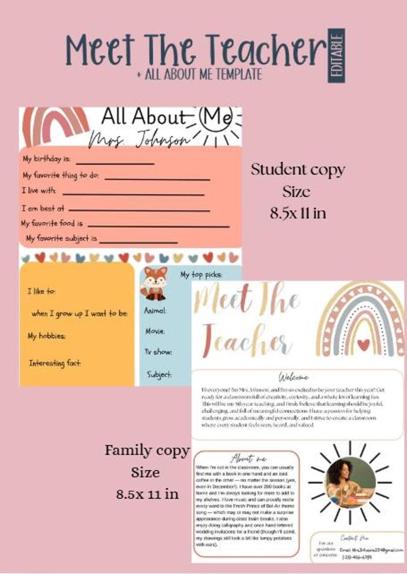 Teacher All About Me Editable Template, Printable Meet the Teacher ...