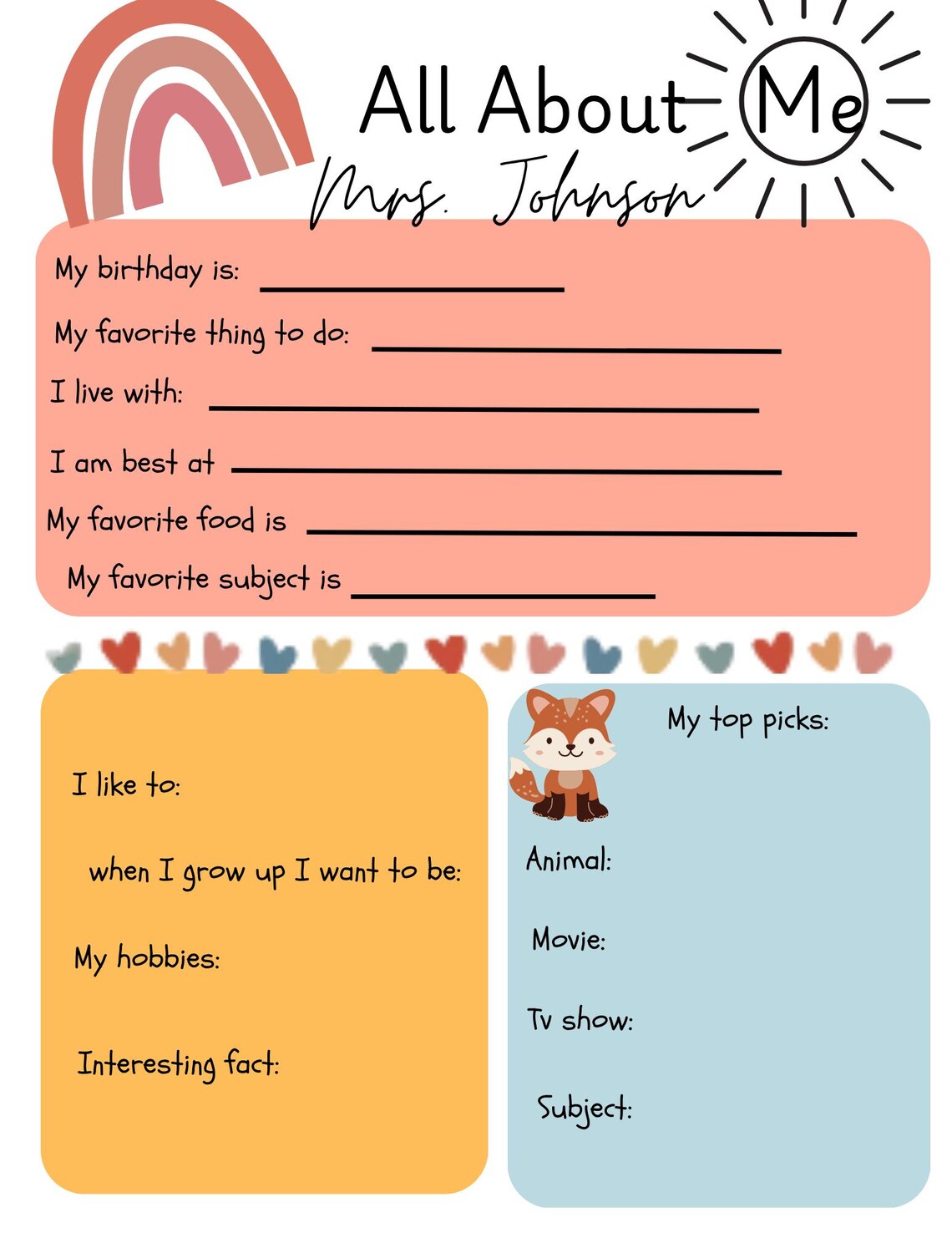 Teacher All About Me Editable Template, Printable Meet the Teacher ...