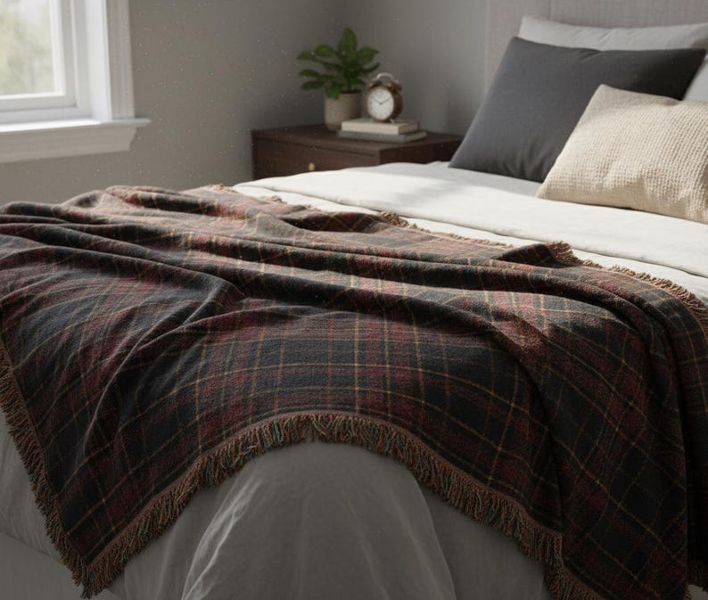 Classic Plaid Woven Throw Blanket, 100% Cotton Fringe Blanket, Cozy ...