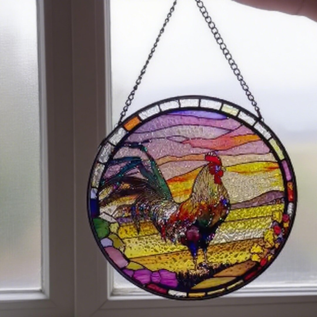 Hand-painted Rooster Glass Sun Catcher – Farmhouse Window Decor, Quote ...