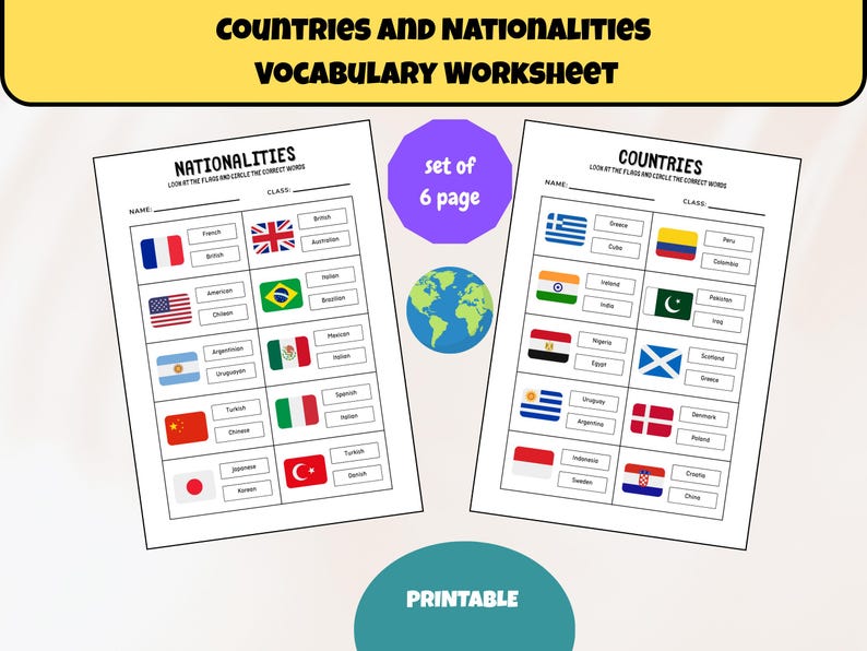 Printable Countries and Nationalities Vocabulary Worksheet for Kids ...