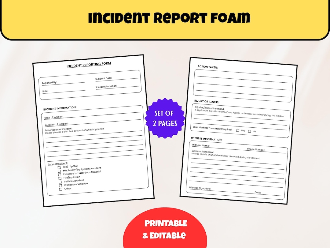 Printable Incident Report Foam, Instant Download Health and Safety Form ...