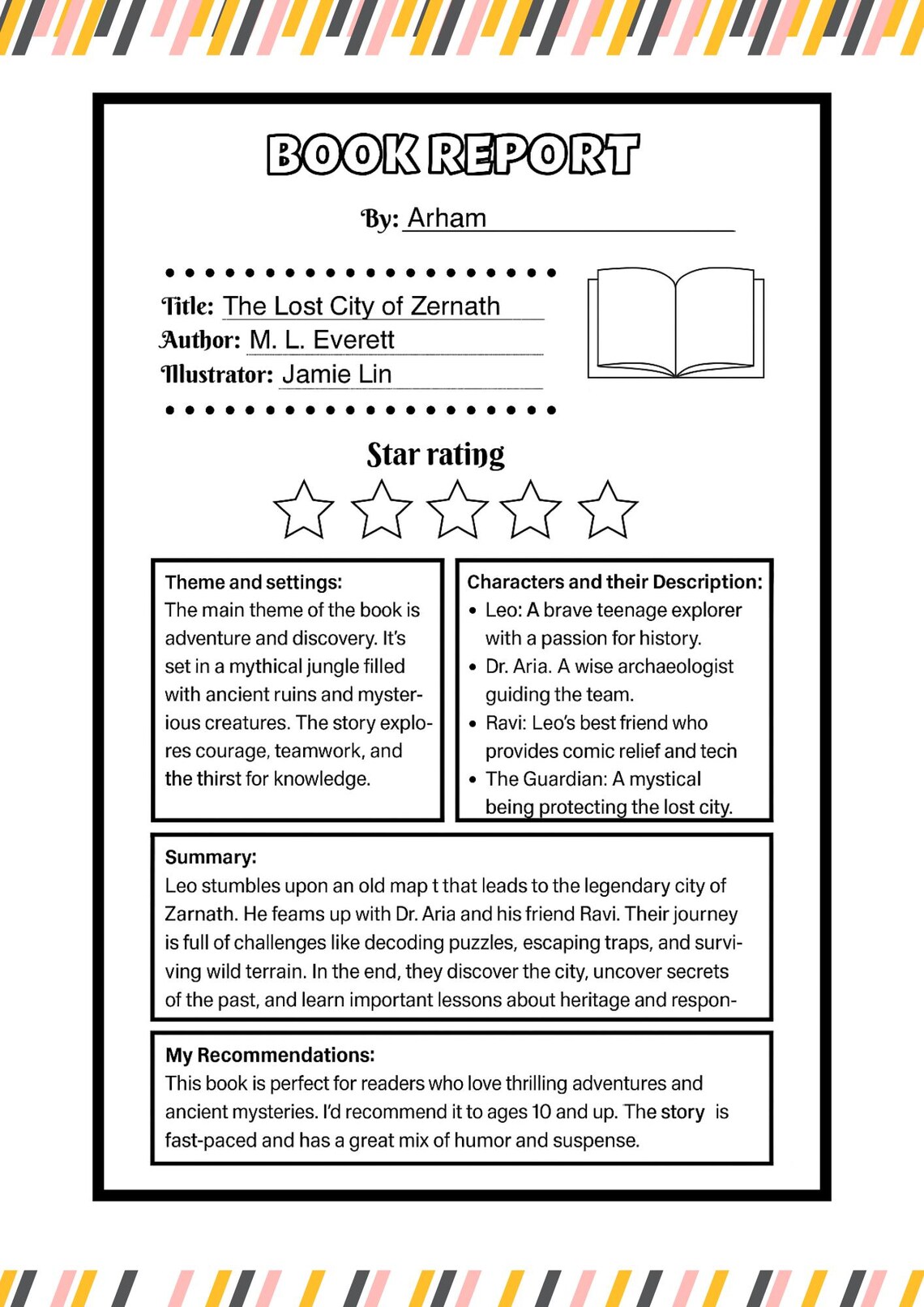 Printable Book Report Worksheet for Kids, Book Review Activity Sheet ...