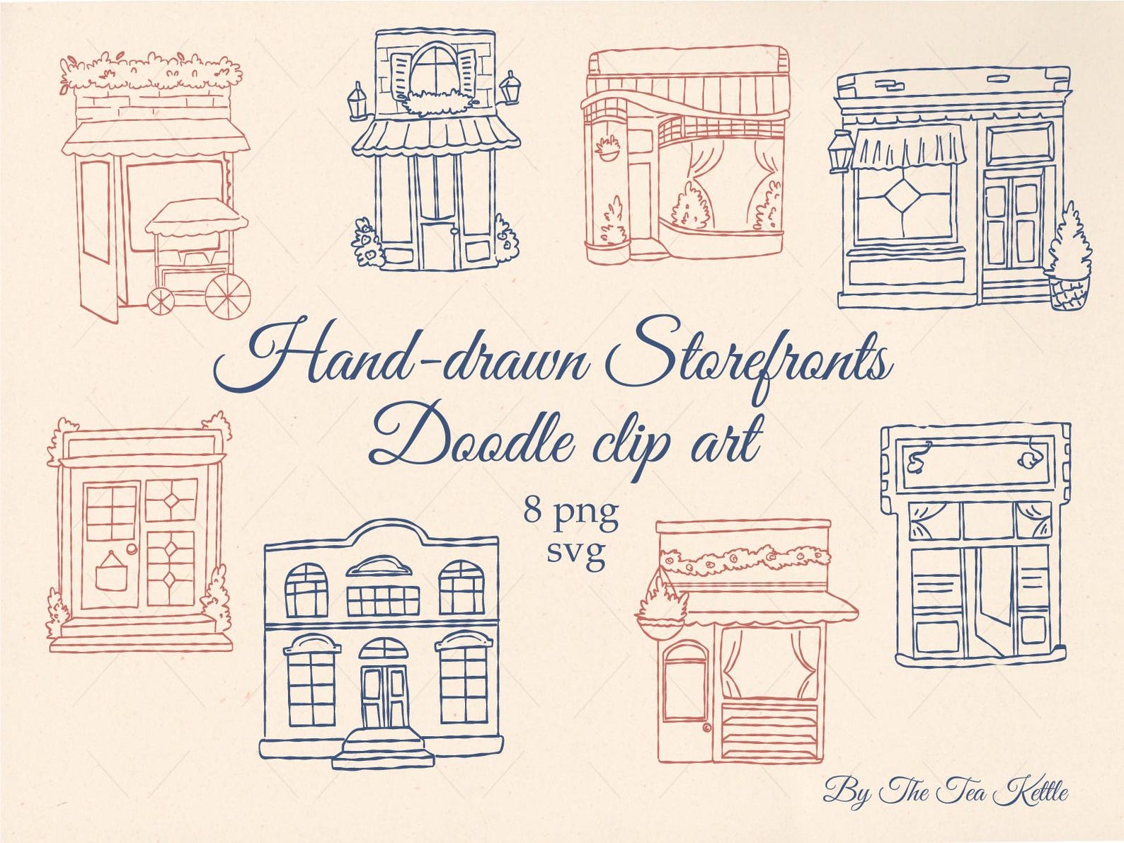 Hand-drawn Storefront Clipart - Vintage Shops Doodle Set - Small Town ...