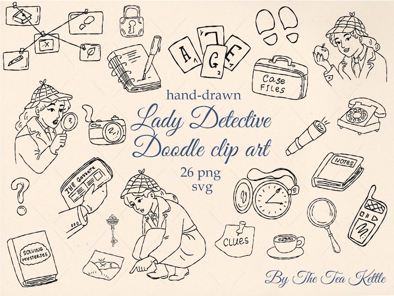 Hand Drawn Lady Detective Clipart Bundle – Vintage Mystery Doodle PNG ...