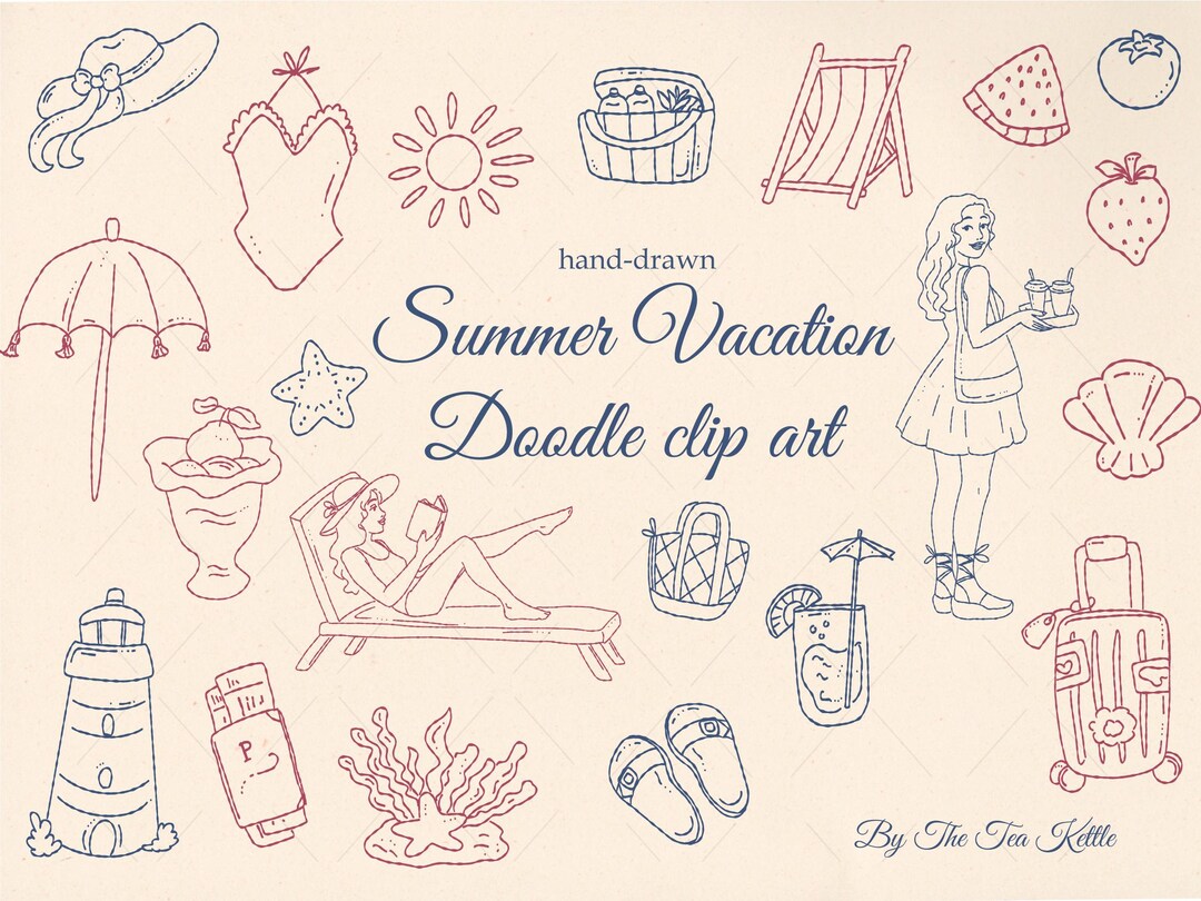 Summer Vacation Line Art Bundle - Beach Doodle PNG SVG Set - Coastal ...